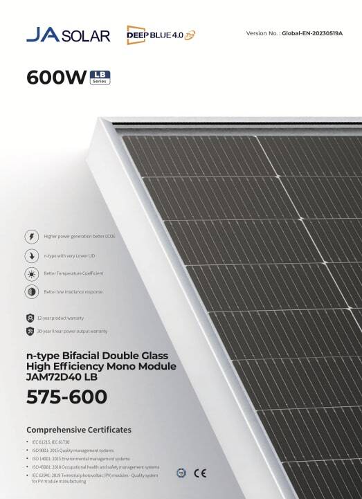 Spec Sheet - 600W JA Solar Bifacial